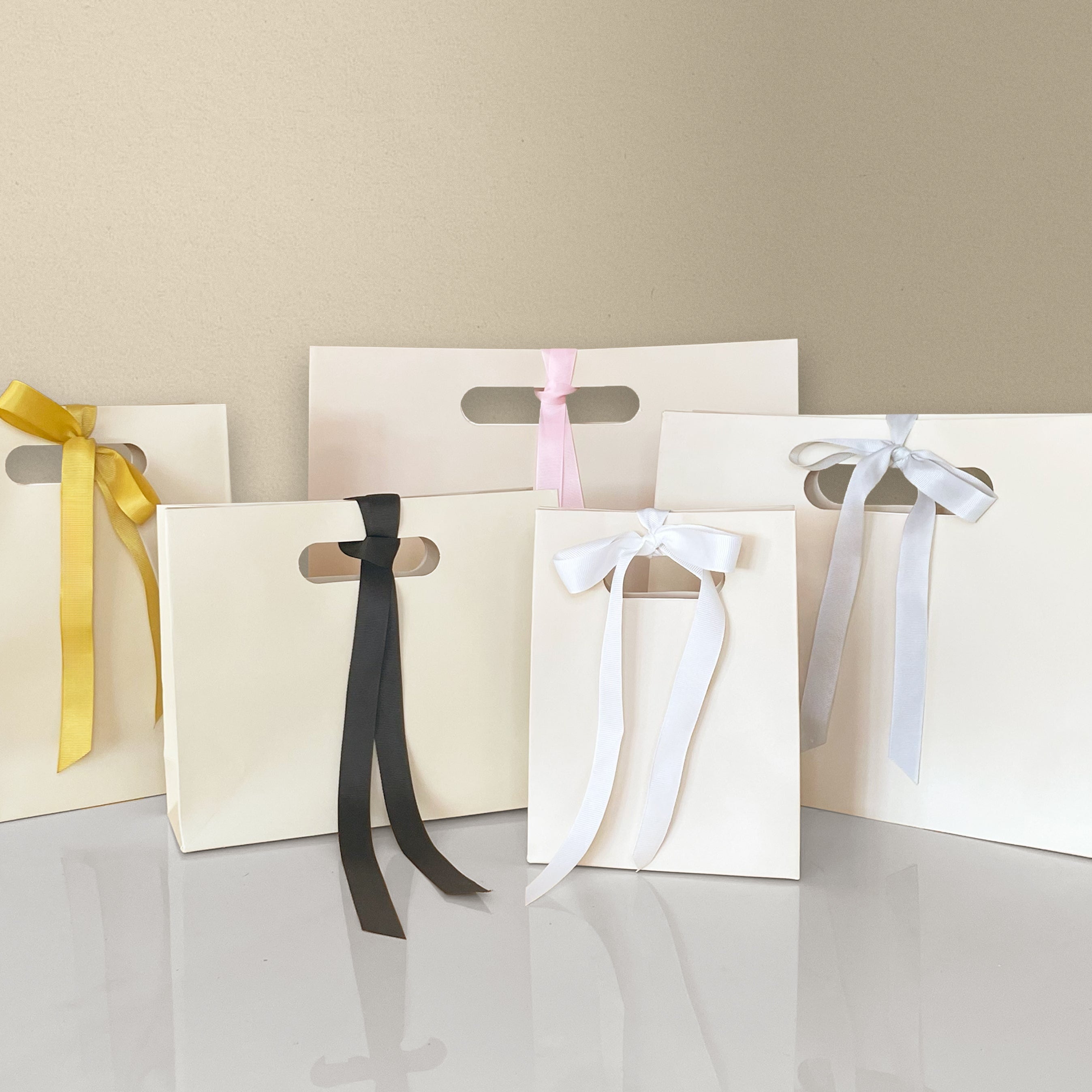 10pc Cream Beige die cut handle paper gift bag w free ribbon tissu ByHome